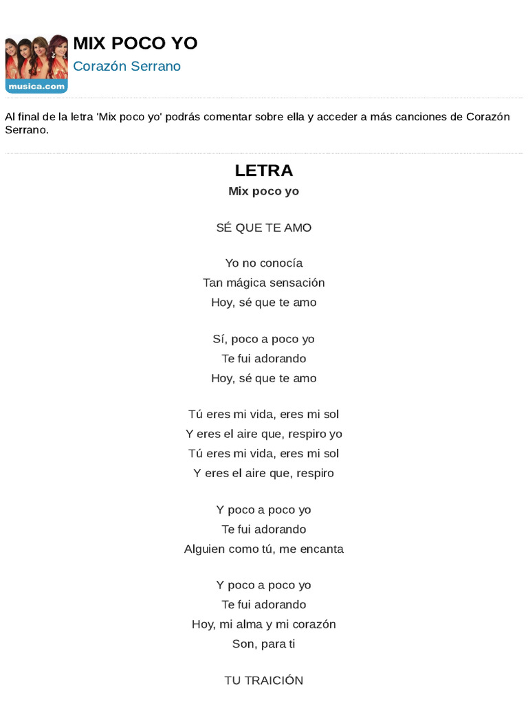 Mix Poco Yo - Letra - Corazón Serrano | PDF