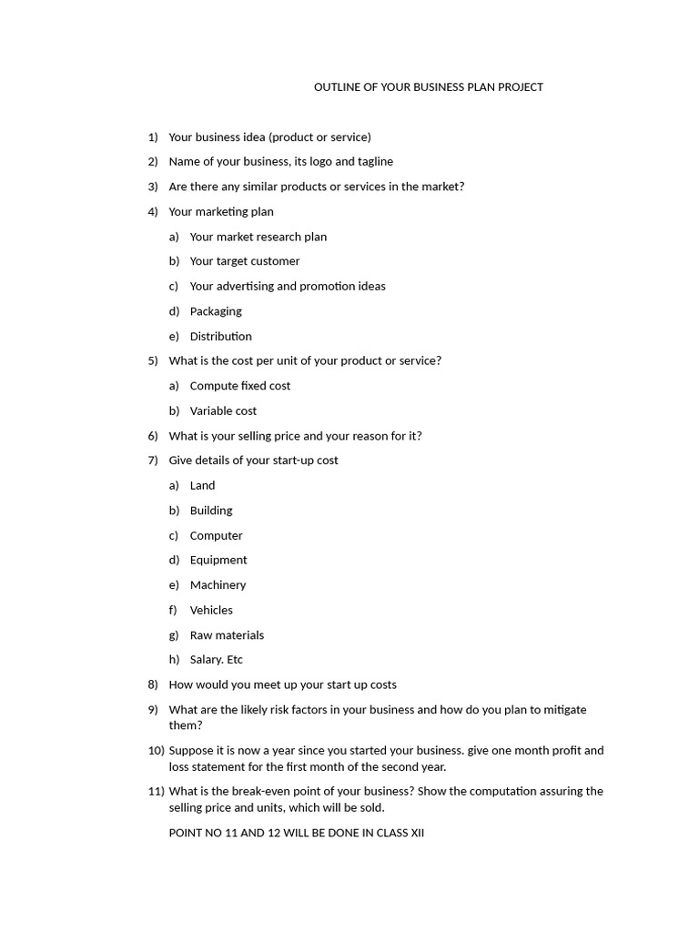 Outline of Your Business Plan Project | PDF