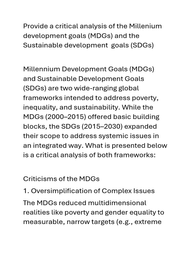 Provide A Critical Analysis of The Millenium Development Goals | PDF ...