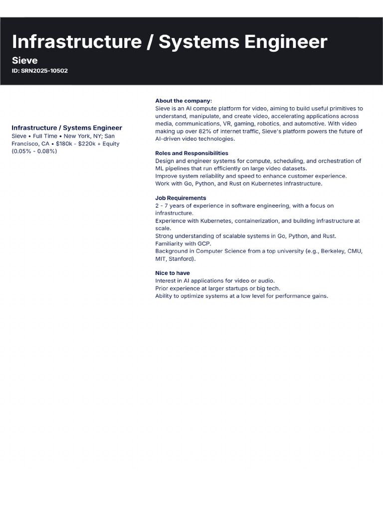Sieve - Infrastructure Systems Engineer - 10075 USD | PDF
