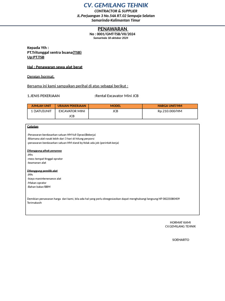 Contoh Penawaran Rental Alat Berat | PDF