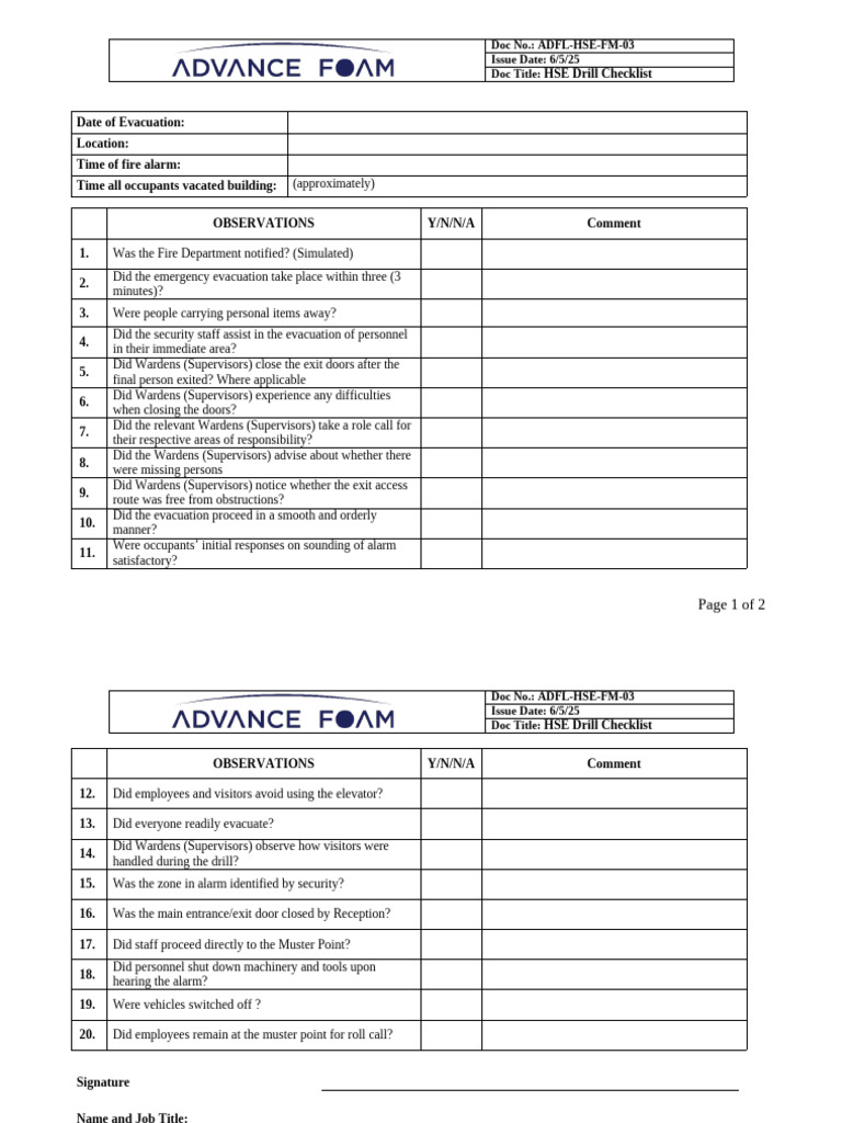 HSE Fire Drill Evaluation Checklist | PDF | Emergency Evacuation | Safety