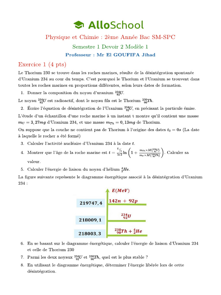 Pc 2bac Sm Spc Semestre 1 Devoir 2 Modele 1 7 | PDF