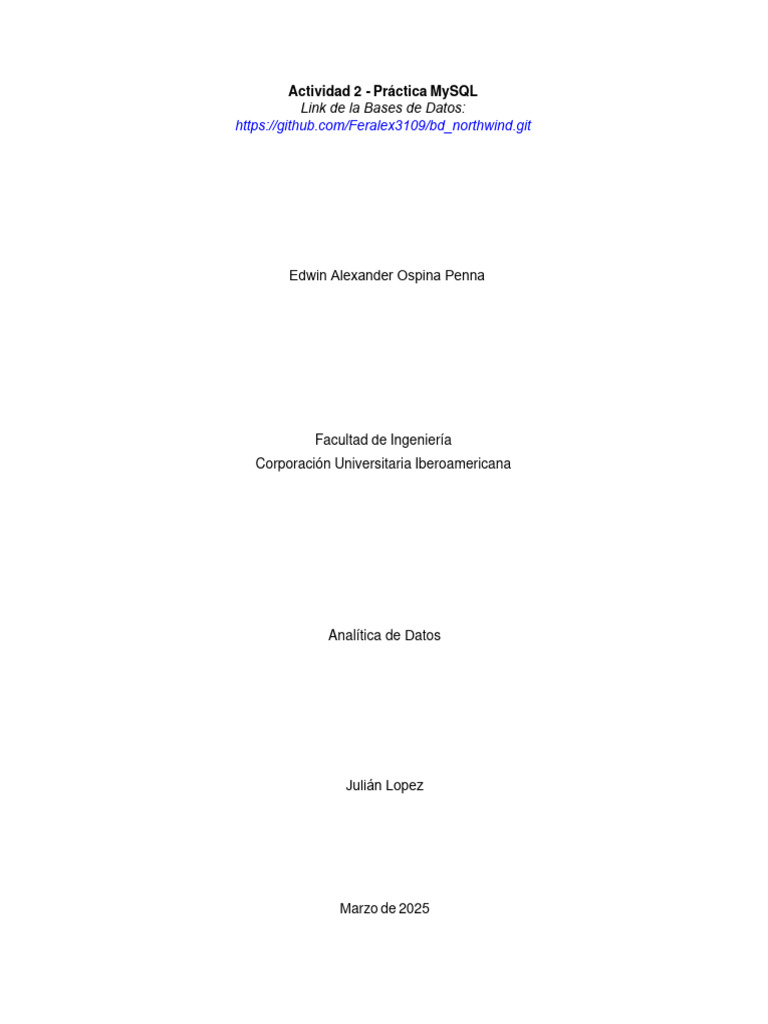 Actividad No.2 - Practica MySQL | PDF | Análisis de los datos | Bases de datos
