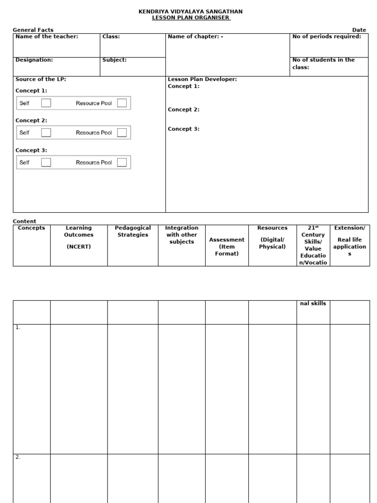 KVS - Lesson Plan Organiser Format | PDF