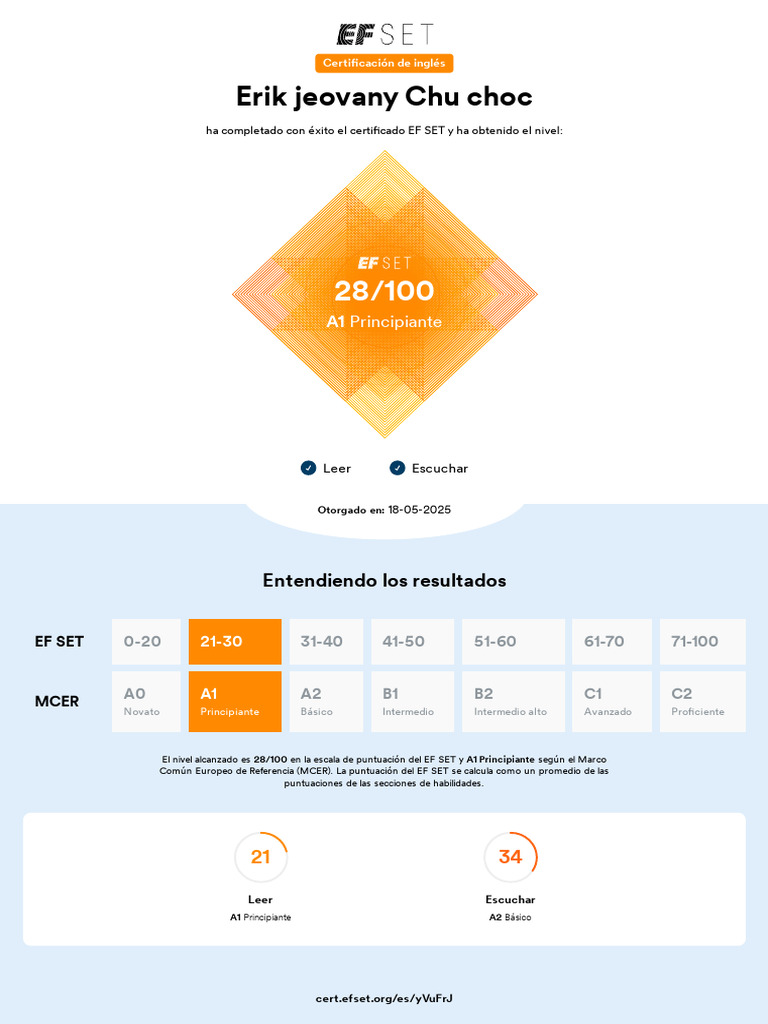 Certificación De Inglés Ef Set A1 Pdf