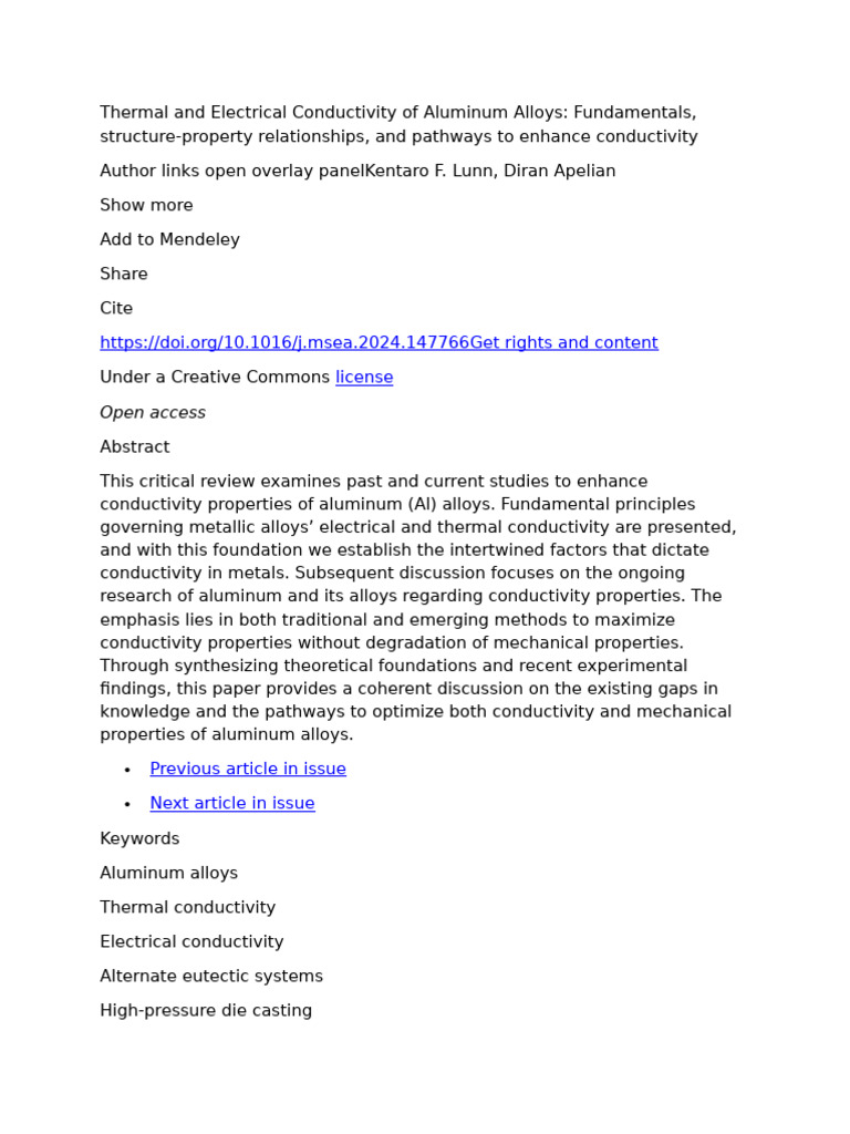 Thermal and Electrical Conductivity of Aluminum Alloys | PDF | Heat ...