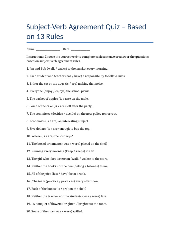 Subject-Verb Agreement Quiz Guide | PDF