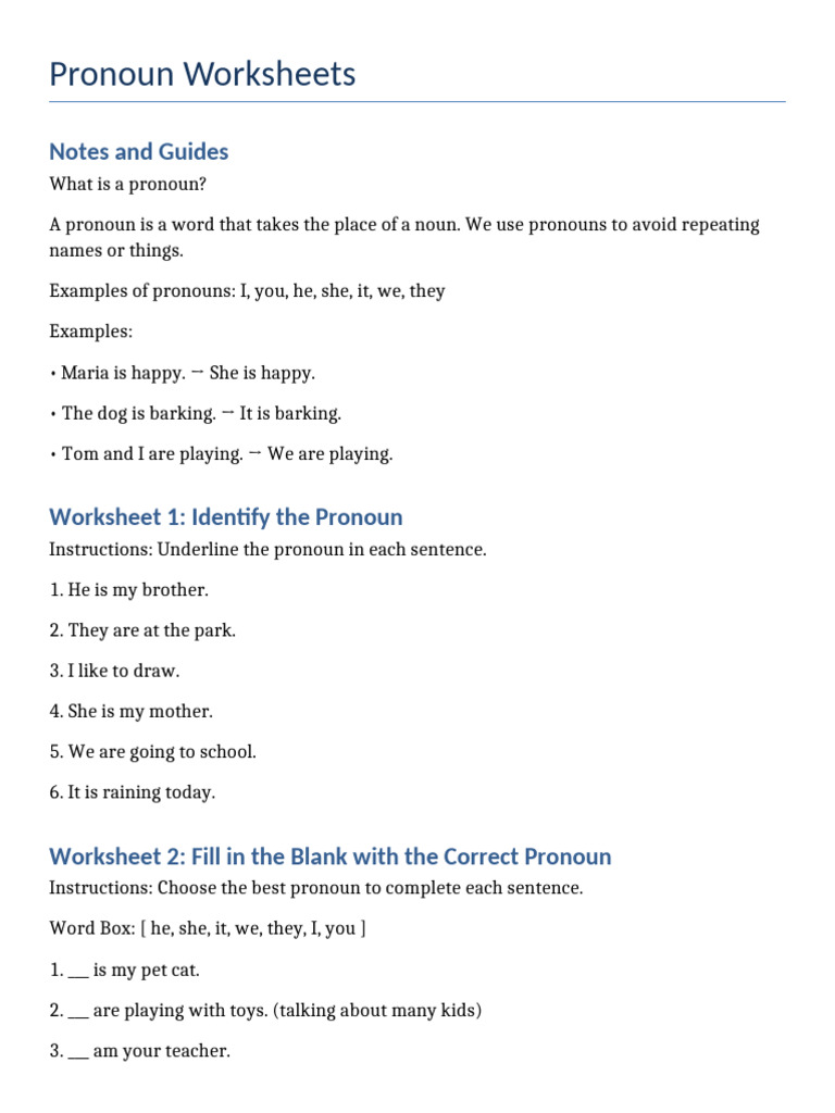 Pronoun Worksheets With Notes Grade1 | PDF