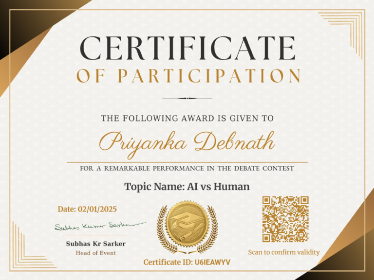 Priyanka Debnath Debate Certificate | PDF