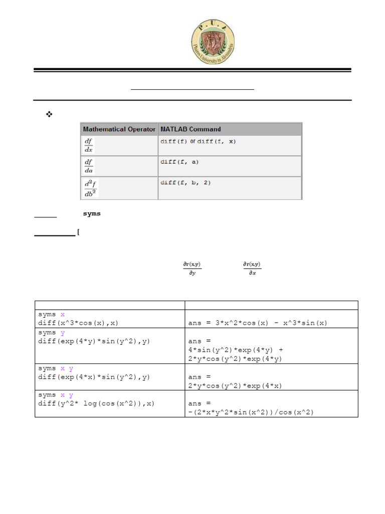 EBS 102_Math 2_MATLAB 2_Session 4_Differentiation and Partial Derivatives_2024-2025 | PDF ...