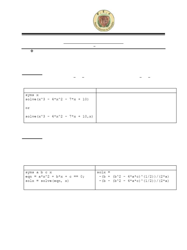 EBS 102 - Math2 - MATLAB - Session 2 - Solving Equations - 2024-2025 | PDF | Equations ...