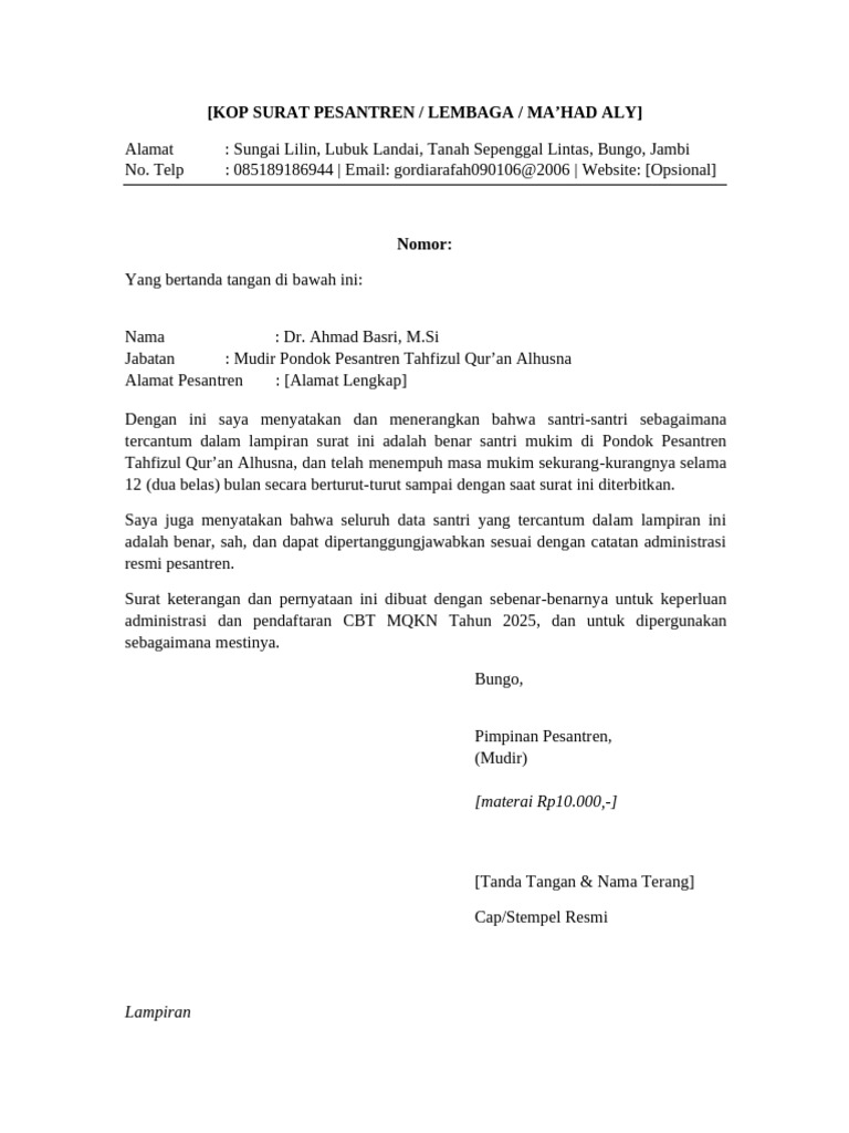 Surat_Keterangan_dan_Pernyataan_Santri_Mukim_MQK | PDF