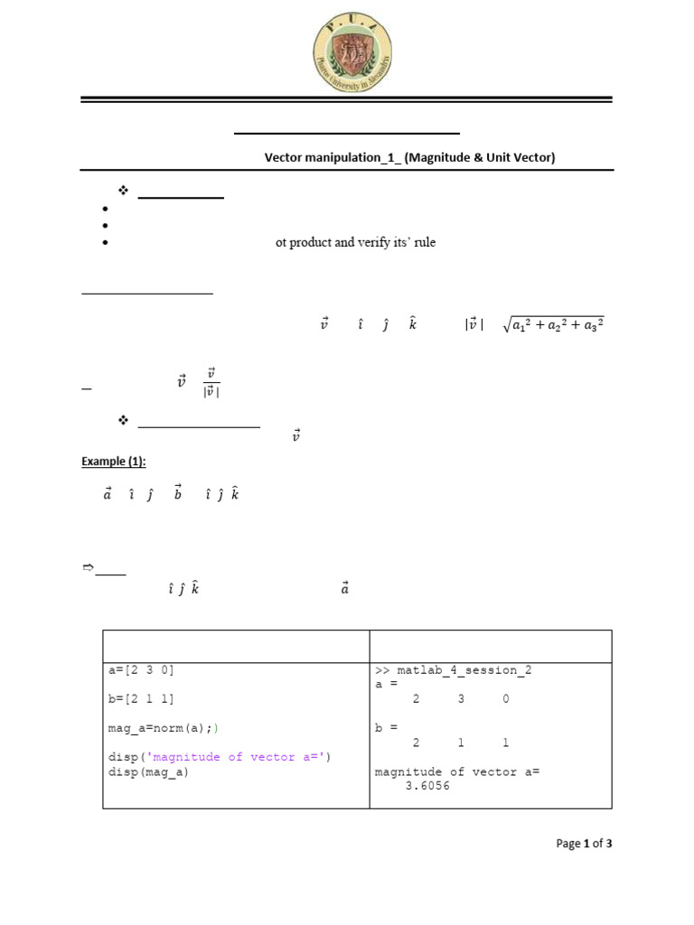 EBS102 - Math 2 - MATLAB 2 - Session 10 - Vector Manipulation 1 - Magnitude and Unit Vector ...
