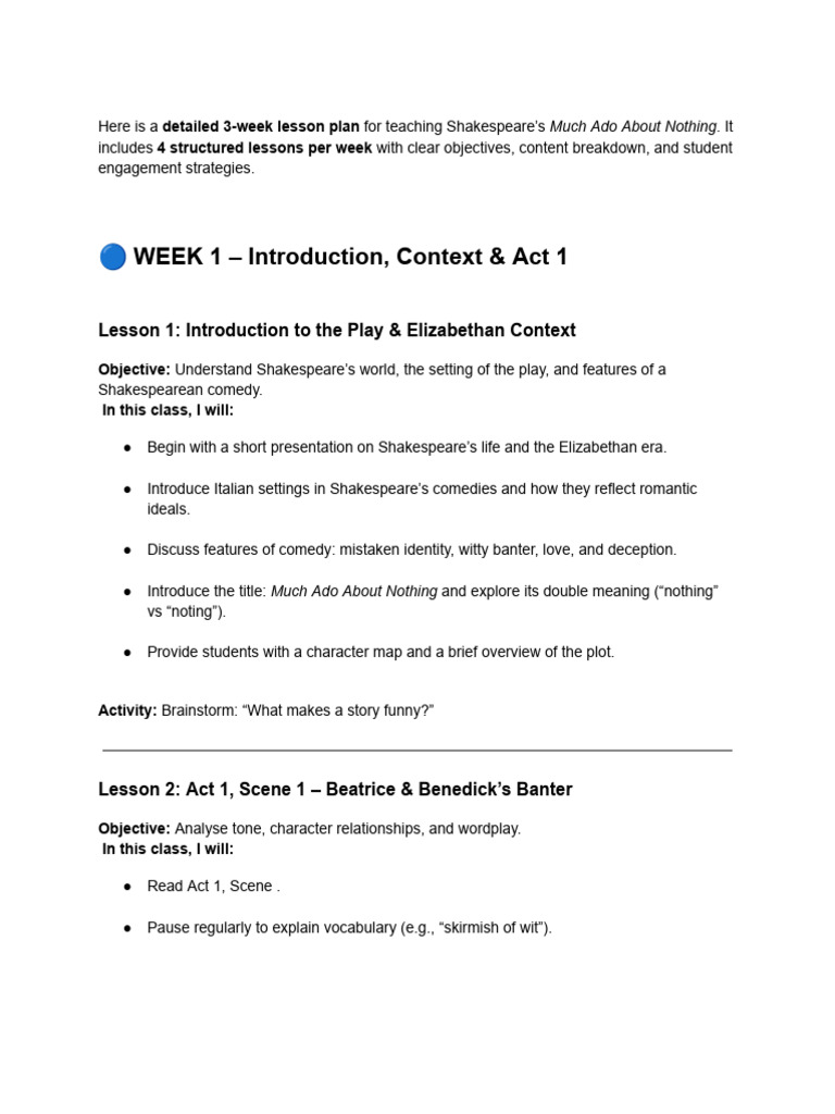 Much Ado About Nothing, Lesson Plan | PDF | Much Ado About Nothing
