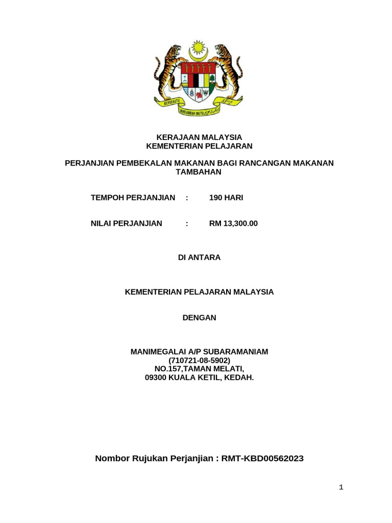 Perjanjian Pembekalan Makanan RMT 2024 | PDF