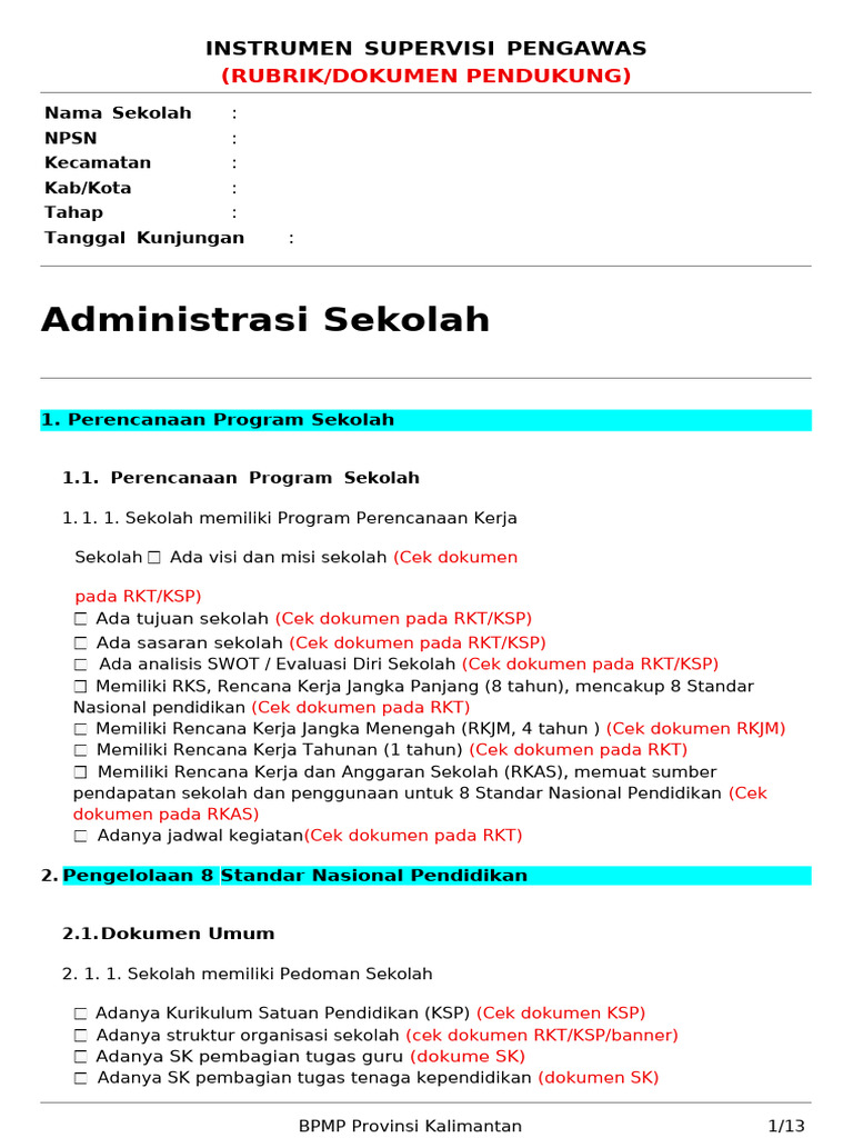 Instrumen Supervisi Pengawas | PDF