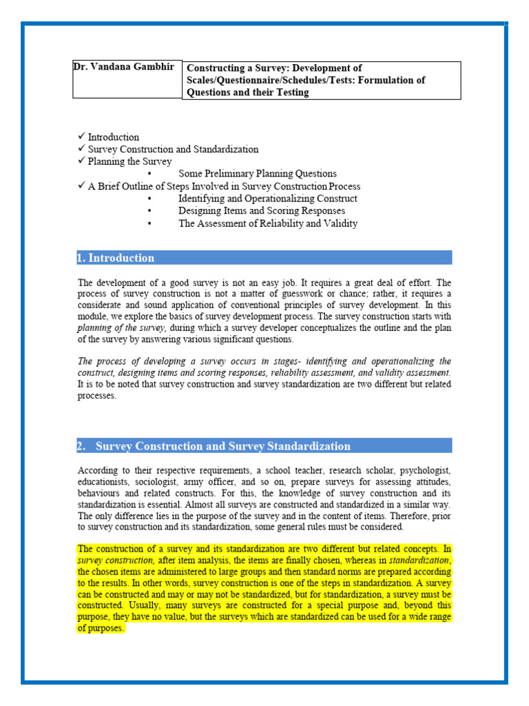 Steps of Survey Construction | PDF | Validity (Statistics) | Leadership