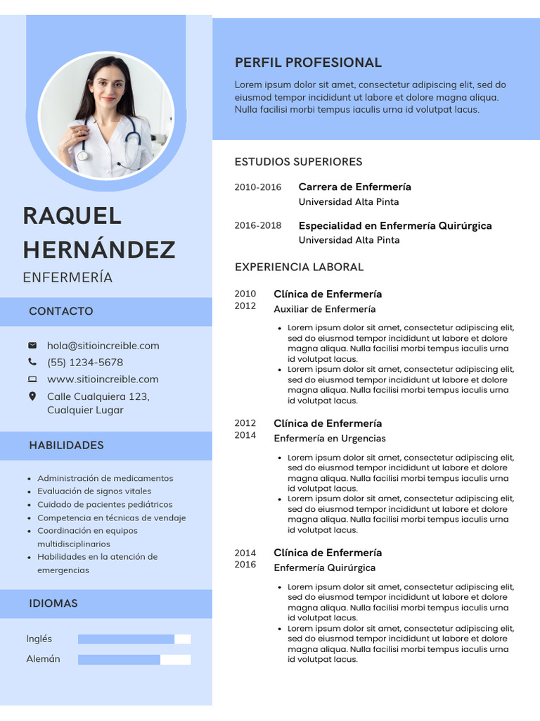 Currículum Vitae CV de Enfermería Moderno Azul | PDF | Enfermería | Cuidado de la salud