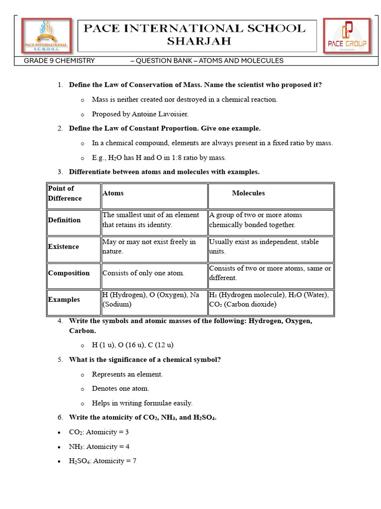 Atoms and Molecules Question Bank | PDF | Chemical Elements | Molecules