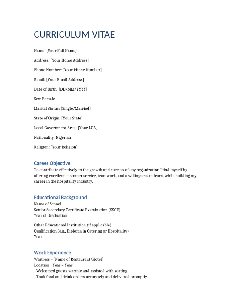 Nigerian Style Waitress CV | PDF