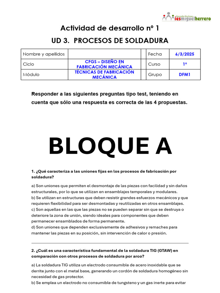 Actividad de Desarrollo Nº 1 - UD3 - TFM - 24-25 | PDF | Soldadura | Construcción