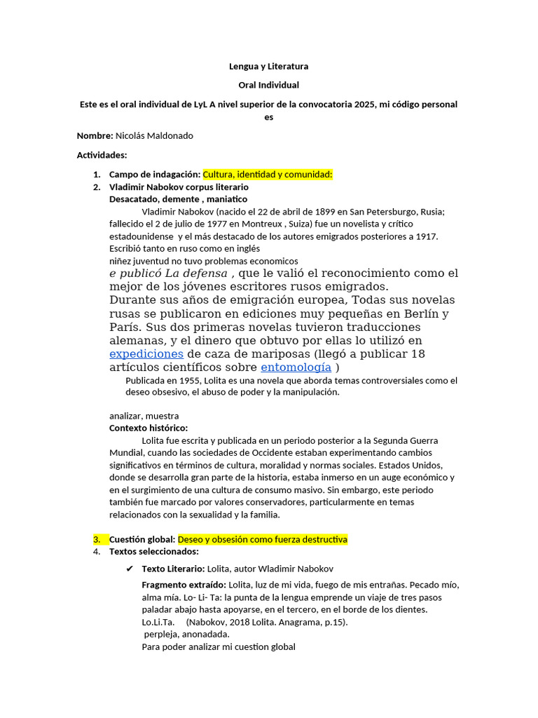 Lengua y Literatura Evaluación Interna 12 Enero (1) Nicolás Maldonado | PDF