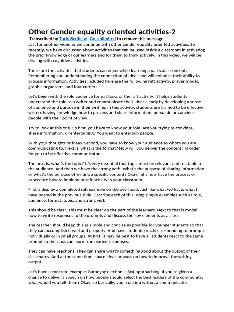 Gender Equality Classroom Activities | PDF | Learning | Thought