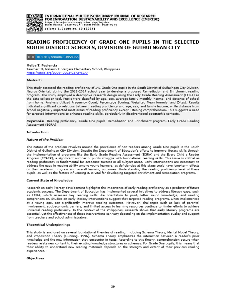 Reading Proficiency of Grade One Pupils in The Selected South District ...