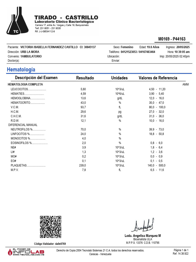 Mue2505200169-Victoria Isabella Fernandez Castillo | PDF | Hematología ...