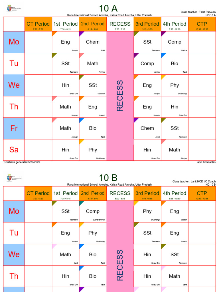 Updated Timetable Class 10 | PDF