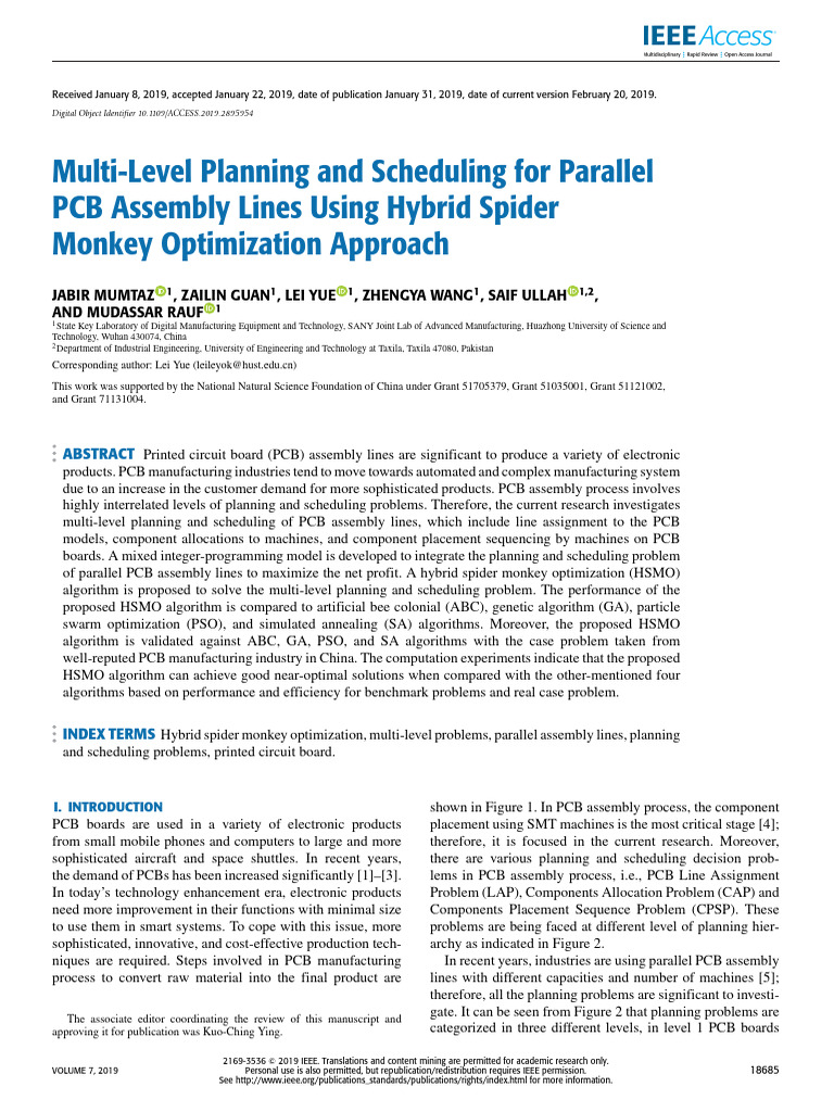 Multi-Level Planning and Scheduling For Parallel PCB Assembly Lines Using Hybrid Spider Monkey ...
