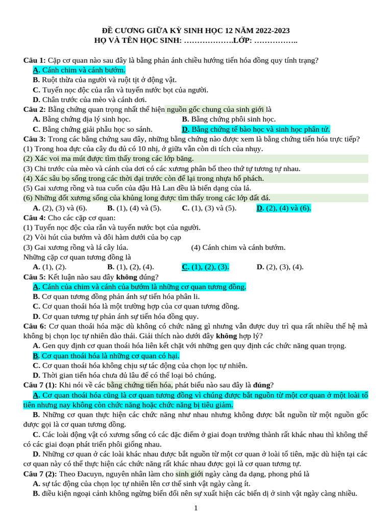 ĐỀ CƯƠNG GIỮA HKII SINH HỌC 12 22-23 | PDF