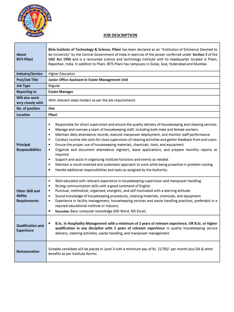 Junior Office Assistant Role at BITS Pilani | PDF | Housekeeping