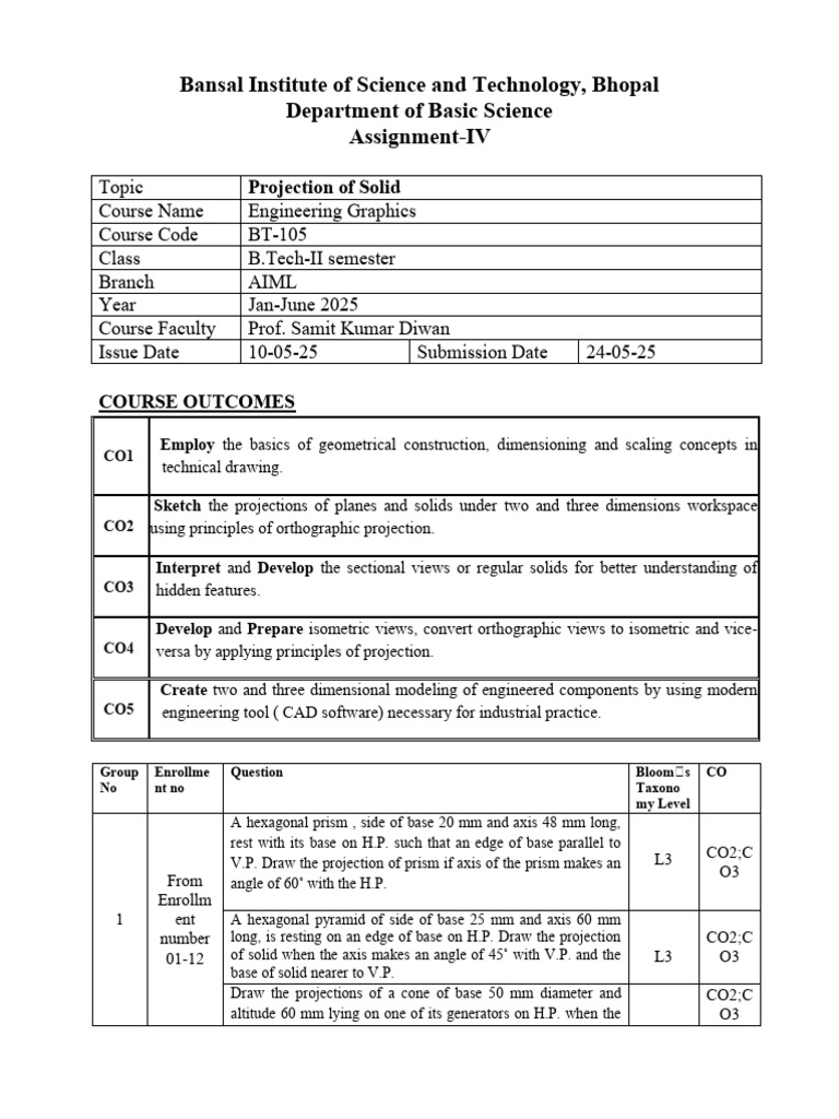 BT-105 ED Assignment - IV Projection of Solid - AIML | PDF | Tetrahedron | Geometry