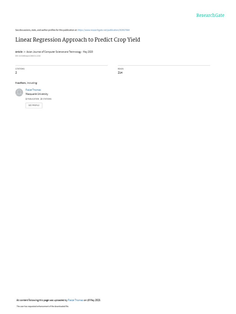 Linear Regression Approach to Predict Crop Yield | PDF | Regression ...