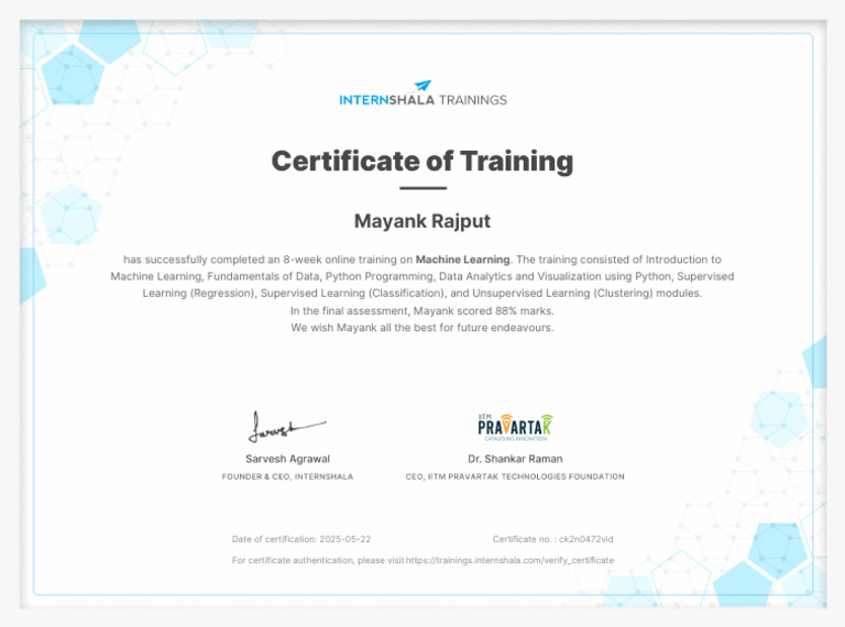 Machine Learning Training - Certificate of Completion | PDF