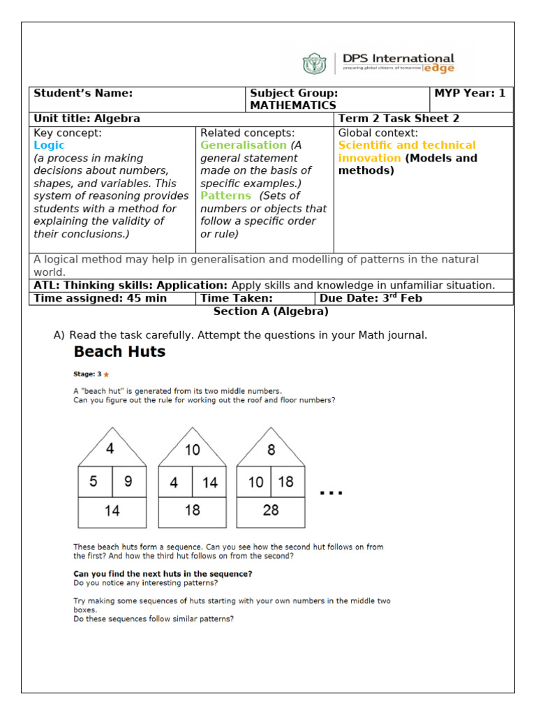 MYP_1_Term_2_Tasksheet_2 | PDF | Mathematics | Algebra