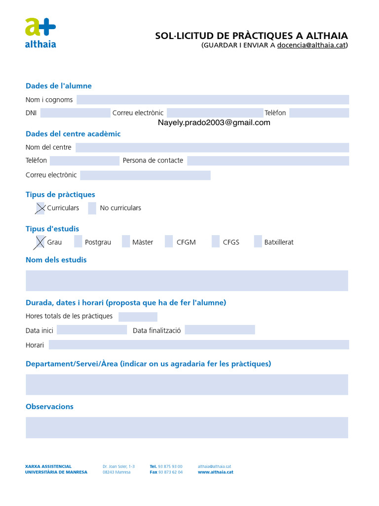 Sol - Licitud Practiques Althaia 1 | PDF
