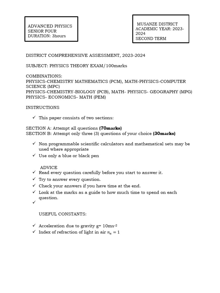 S4 Physics Theory Exam Paper 2023-2024 | PDF | Force | Physics
