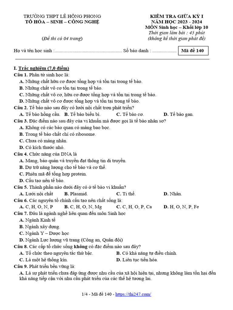 De Giua Hoc Ki 1 Sinh Hoc 10 Nam 2023 2024 Truong Thpt Le Hong Phong Dak Lak | PDF