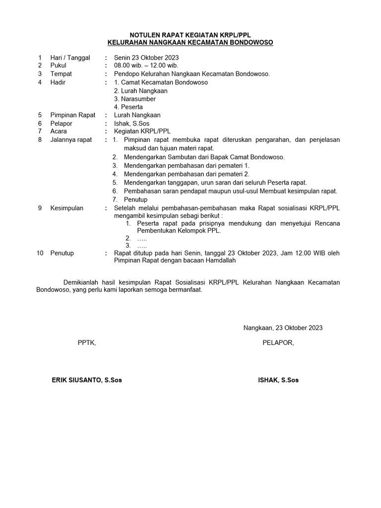 Notulen Rapat Sosialisasi PKK | PDF