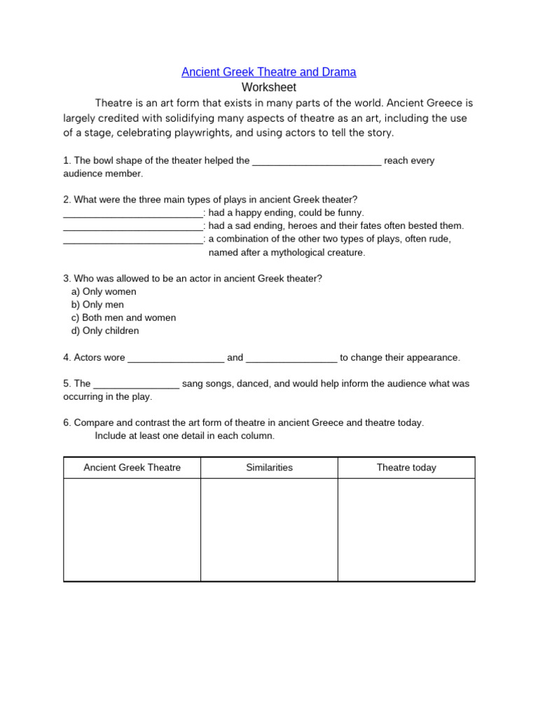 Ancient Greek Theatre and Drama Video Worksheet | PDF