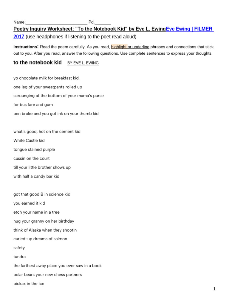 Poetry Inquiry: "To the Notebook Kid" | PDF | Poetry | Phonaesthetics