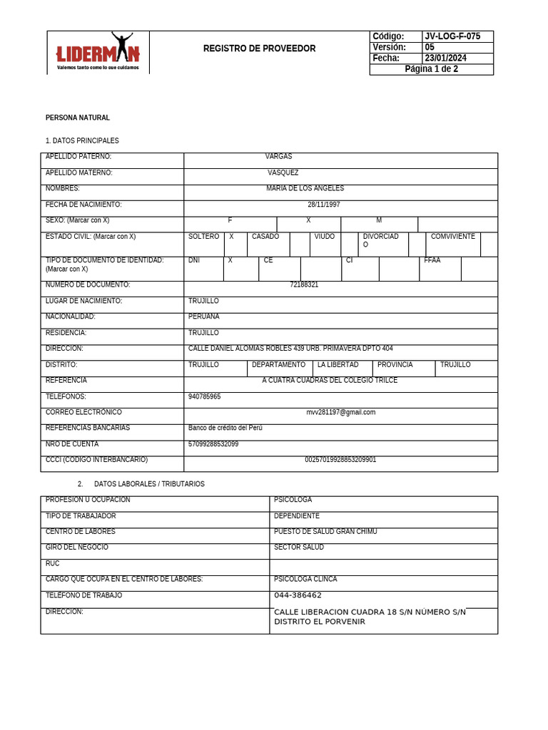 JV-LOG-F-175 Ficha de Proveedor (Natural) | PDF
