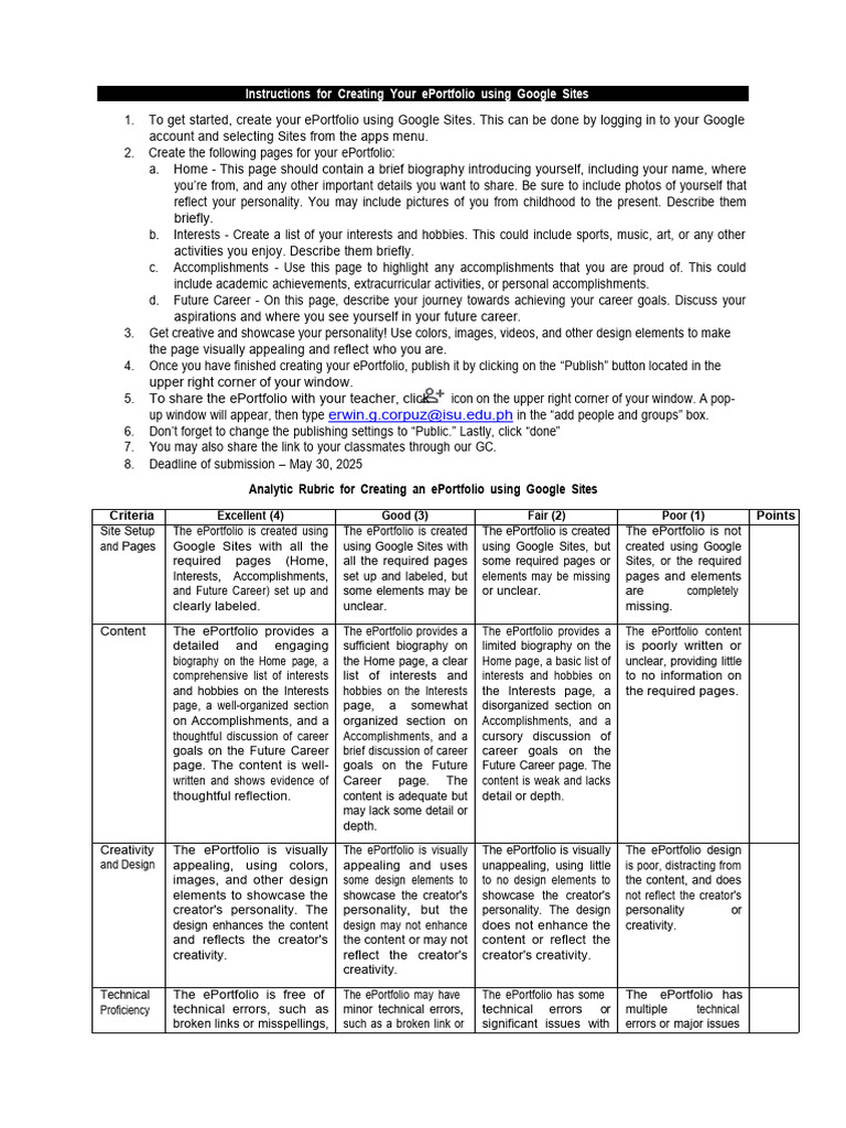 Instructions For Creating Your EPortfolio Using Google Sites | PDF