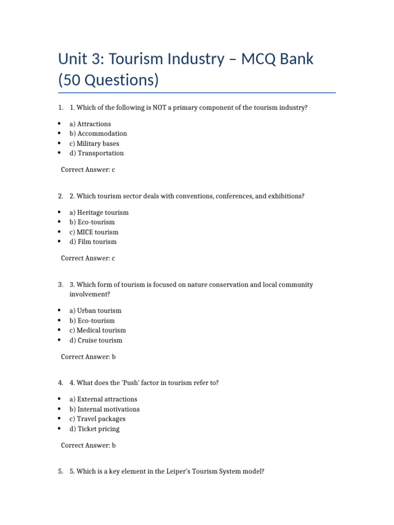 Tourism Industry MCQ Question Bank | PDF