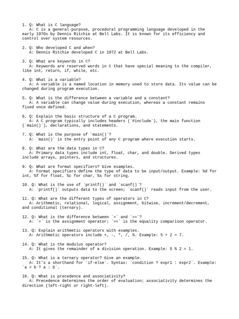 C_Language_Interview_Questions_Answers (1) | PDF | C (Programming Language) | Pointer (Computer ...