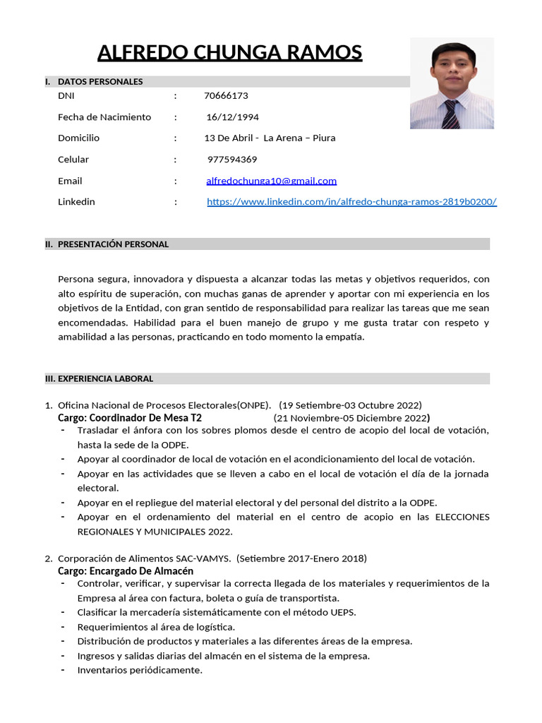 Perfil Profesional de Alfredo Chunga Ramos | PDF | Business | Logística