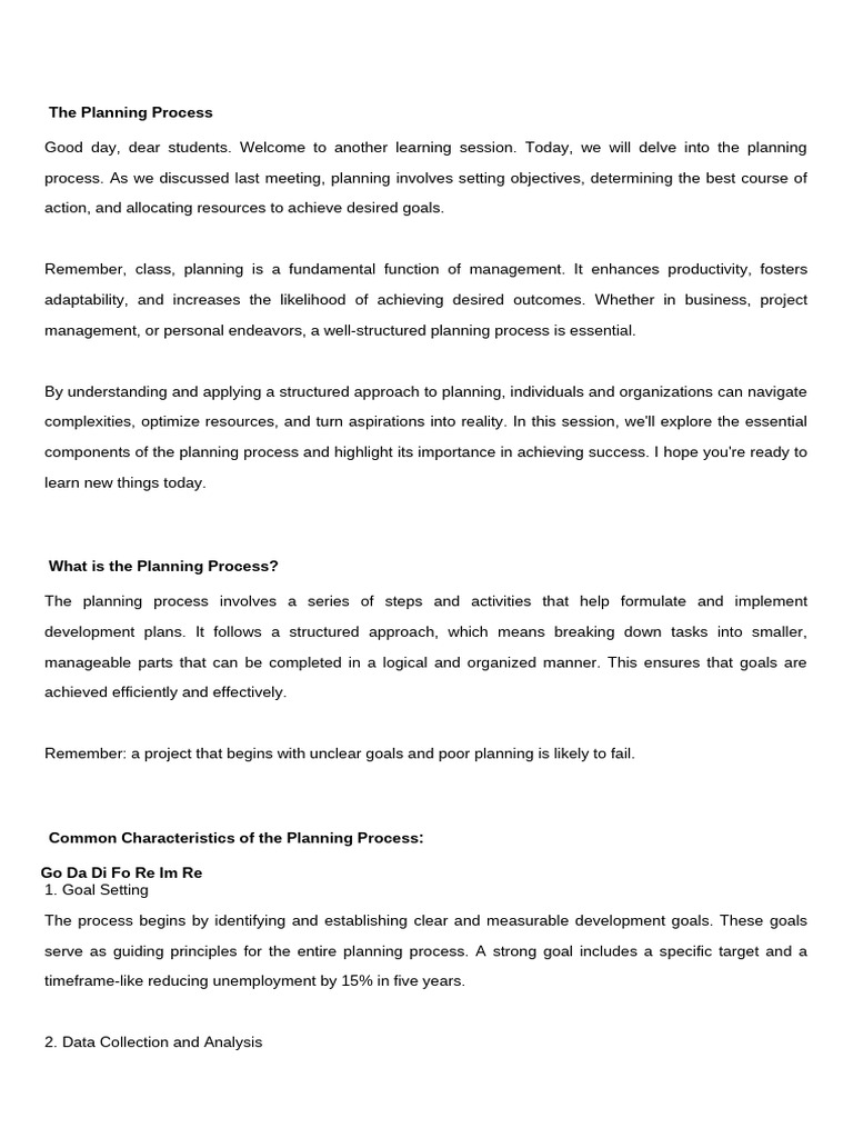 The Planning Process and Models Lecture | PDF | Planning | Goal